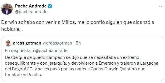 Revelan que Carlos Darwin Quintero quería jugar en Millonarios