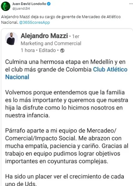 Atlético Nacional sufrió una nueva renuncia: "Culmina una hermosa etapa ...