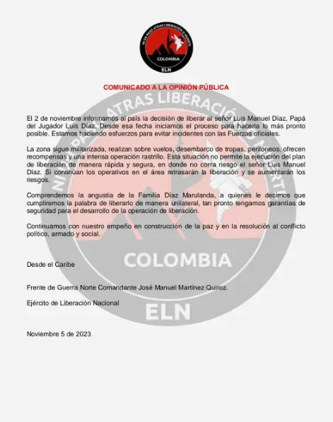 ELN explica la razón por la que no ha liberado al padre de Luis Díaz - Bolavip Colombia