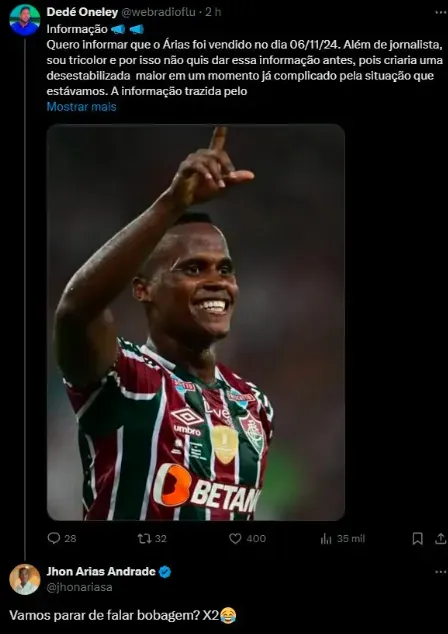 Jhon Arias desmente que está vendido pelo Fluminense