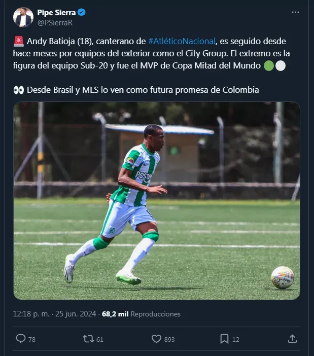 Canterano de Atlético Nacional es seguido por el City Group - Bolavip ...