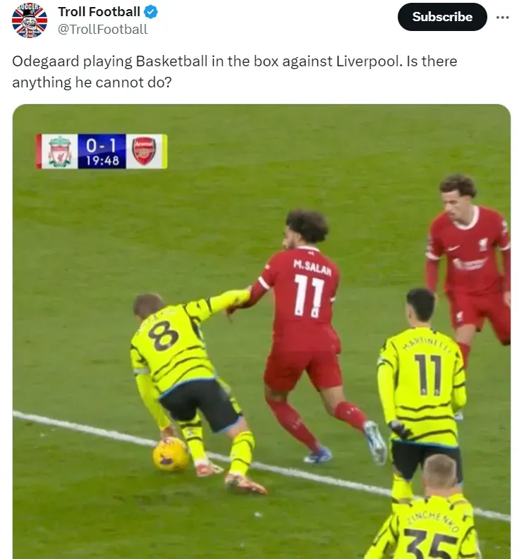 Why Liverpool were not given a penalty vs. Arsenal for Martin Odegaard ...