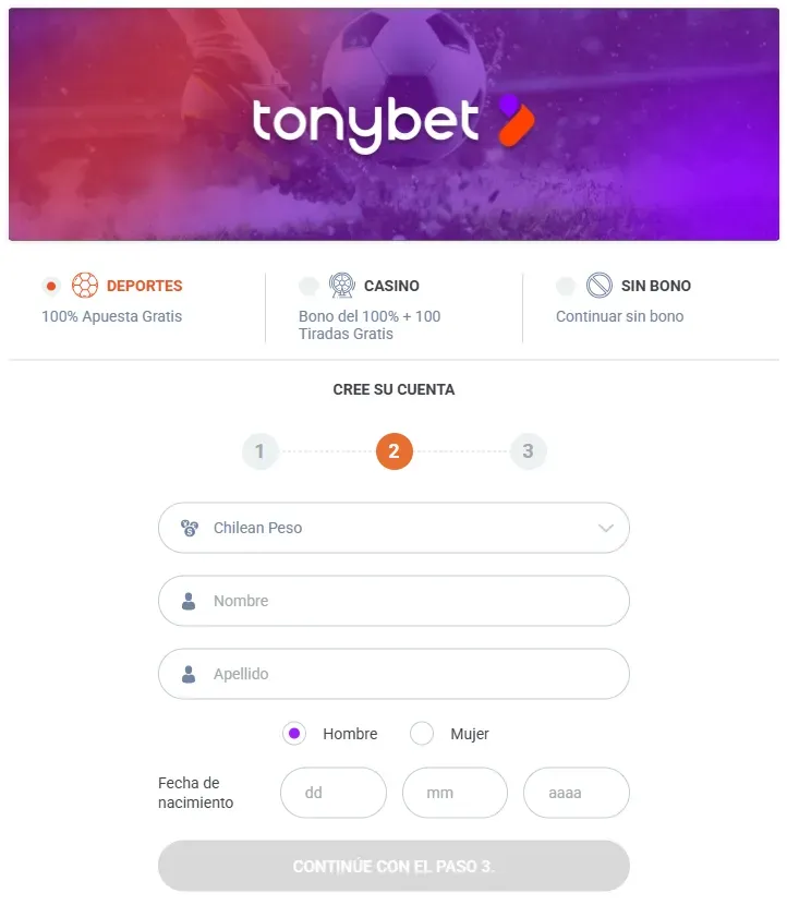 ¿Cómo hago el registro en Tonybet desde Chile=