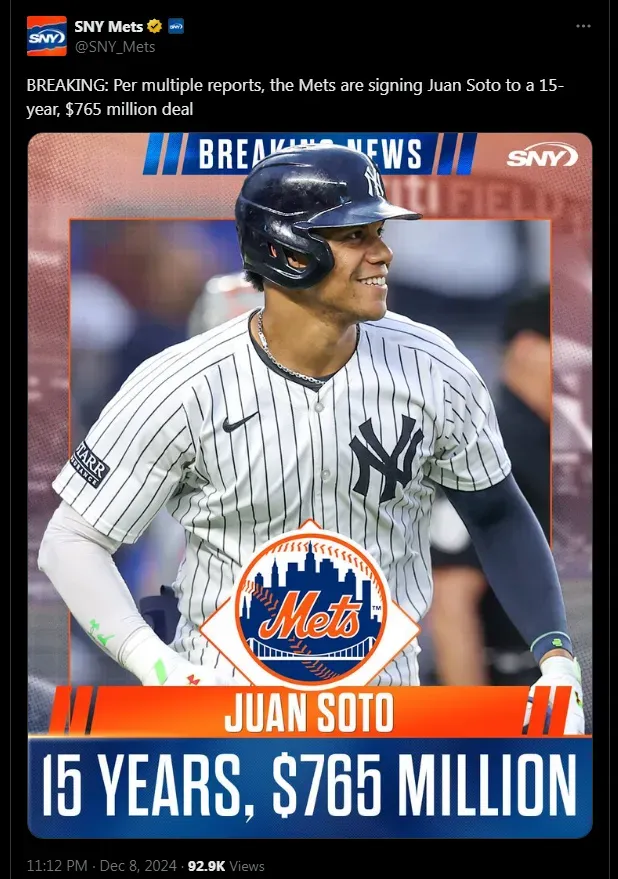 MLB News: Juan Soto agrees to massive 15-year, $765 million contract with the Mets - Bolavip US
